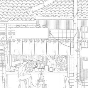 Sweet Night, A Small Drink Bar on the Street - Printable Coloring Page ...