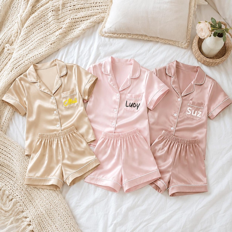 Personalized Satin Kids Pajama Set With Name, Flower Girl Gift, Button ...