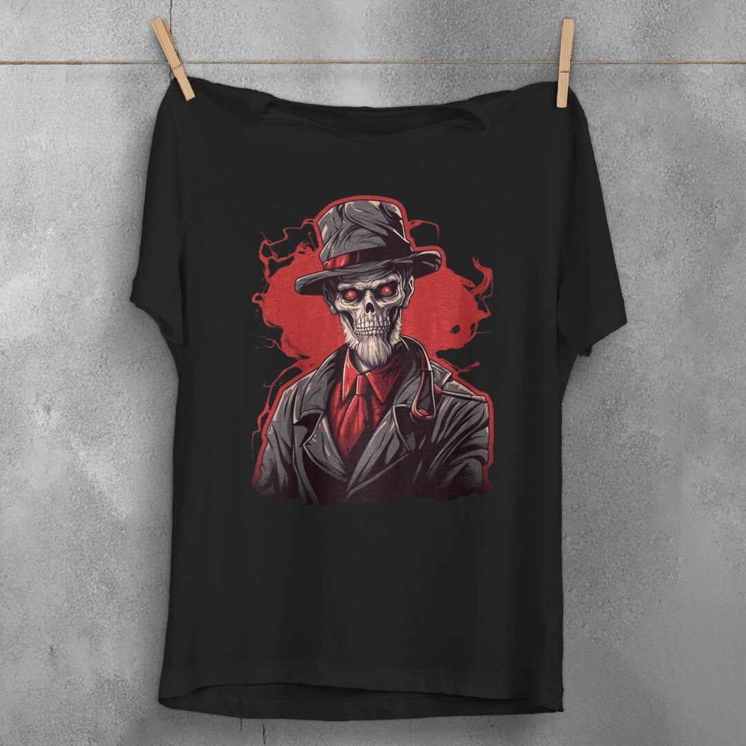 Skeleton in Black Suit T-shirt, Red Accent, Unisex, Gothic Style ...