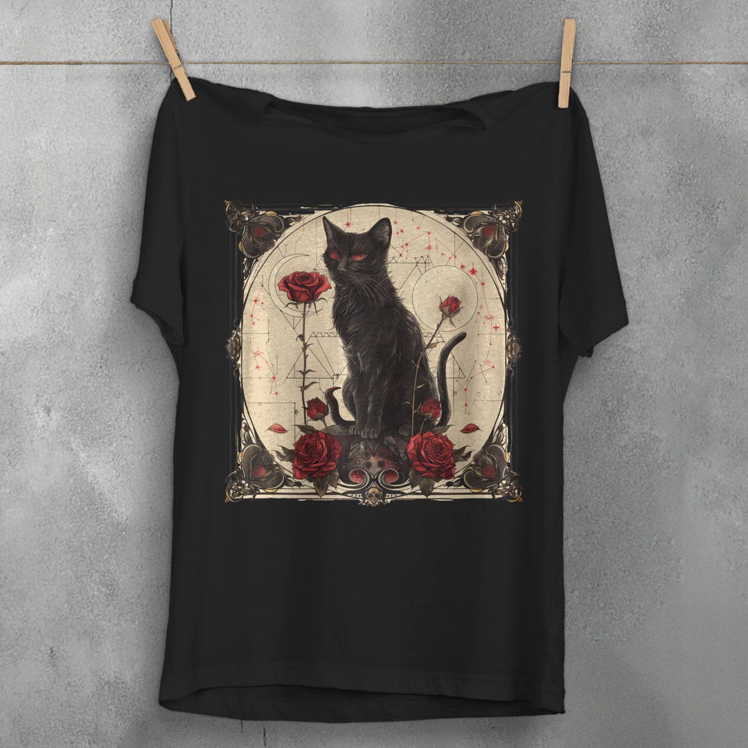 Black Cat With Red Roses Tshirt, Mystic Feline Tarot T-shirt - Witchy ...