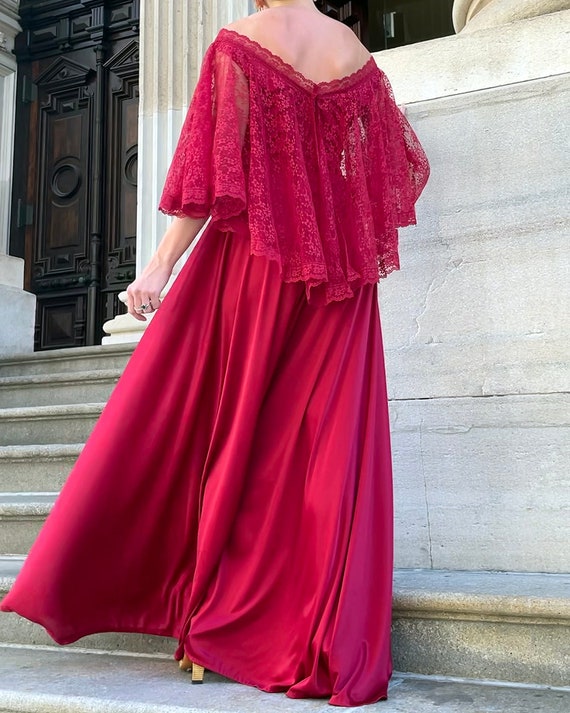 Vintage 1970s Cranberry Gown with Lace Bertha Collar … - Gem