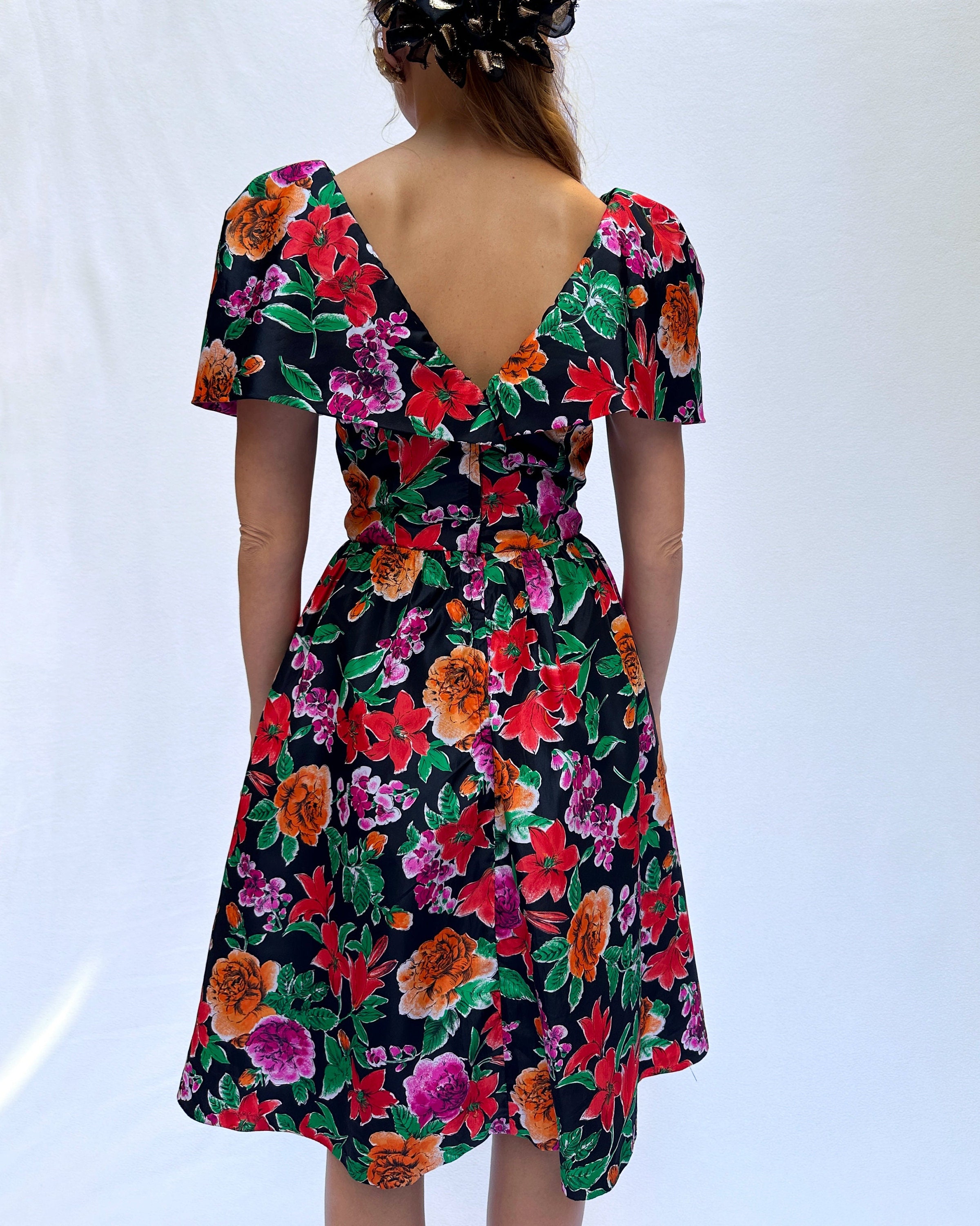 Vintage 1980s Floral Puff Sleeve Cape Neck Party Dress - Etsy