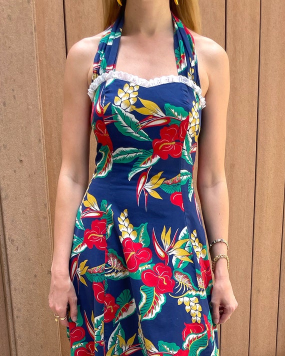 Vintage Hawaiian Floral Halter Dress 1950s Sundress… Gem