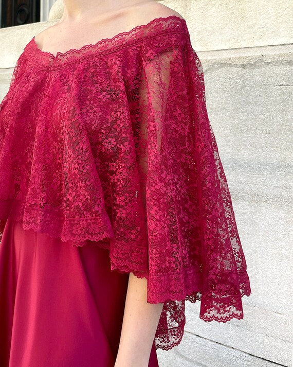 Vintage 1970s Cranberry Gown with Lace Bertha Collar … - Gem