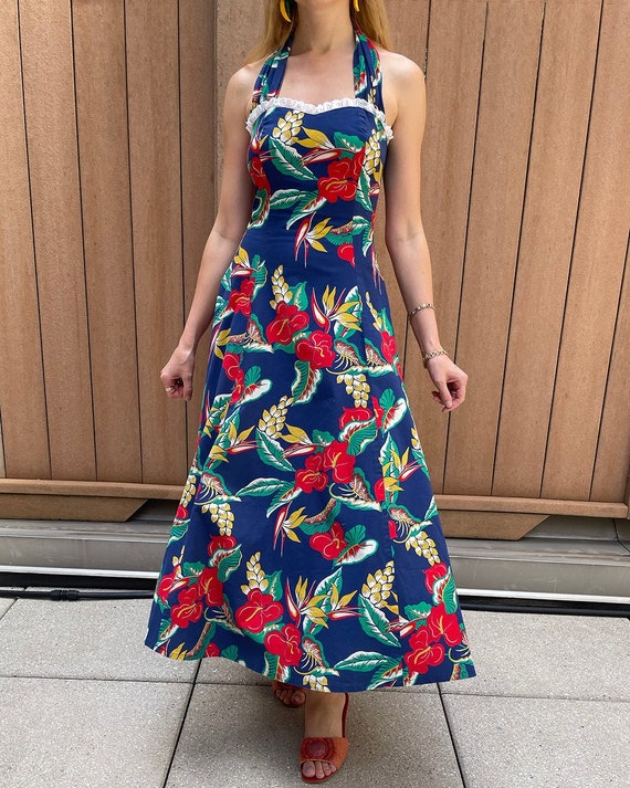 Vintage Hawaiian Floral Halter Dress 1950s Sundress… Gem
