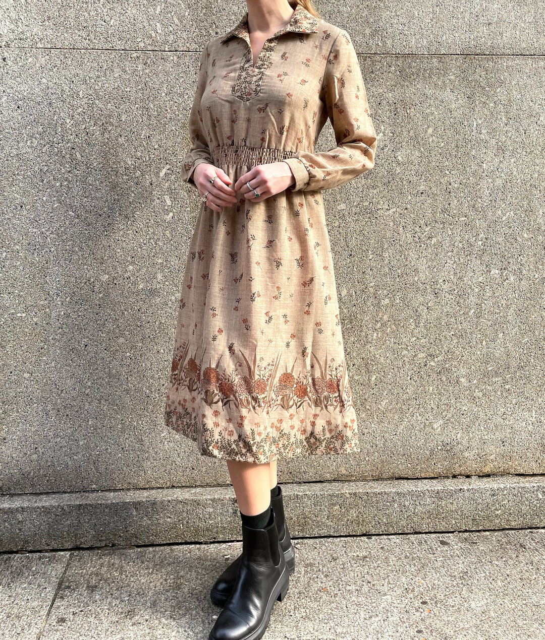 Vintage 1970s Block Print Linen Dress Set - Vintage Fall Dress - Etsy