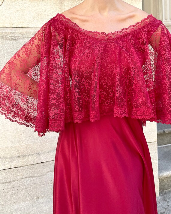 Vintage 1970s Cranberry Gown with Lace Bertha Collar … - Gem