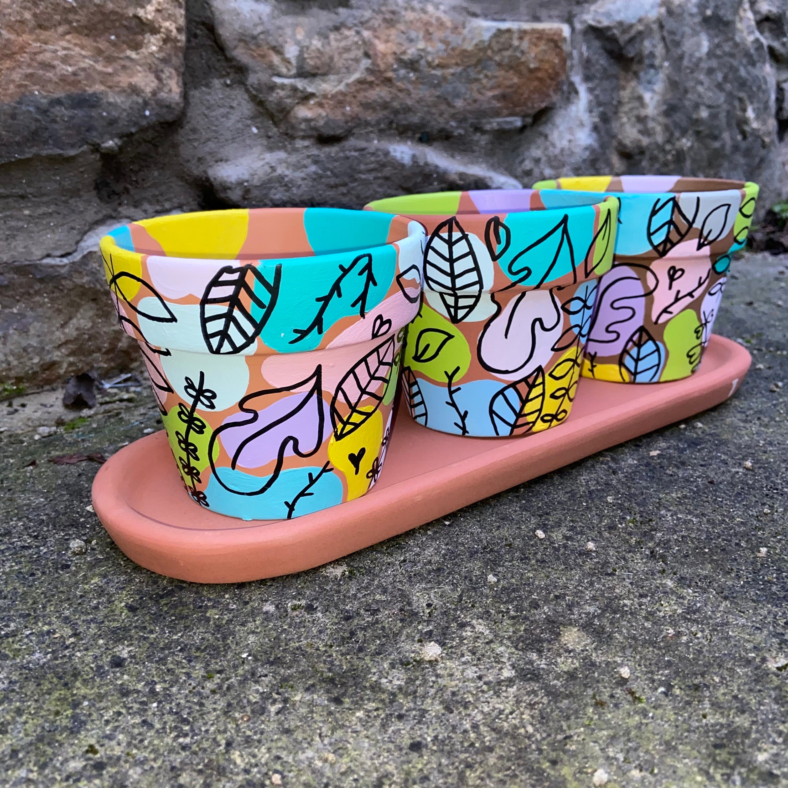 Hand Painted Plant Pot Trio | Botanical Plant Pot Set | Set of Plant ...