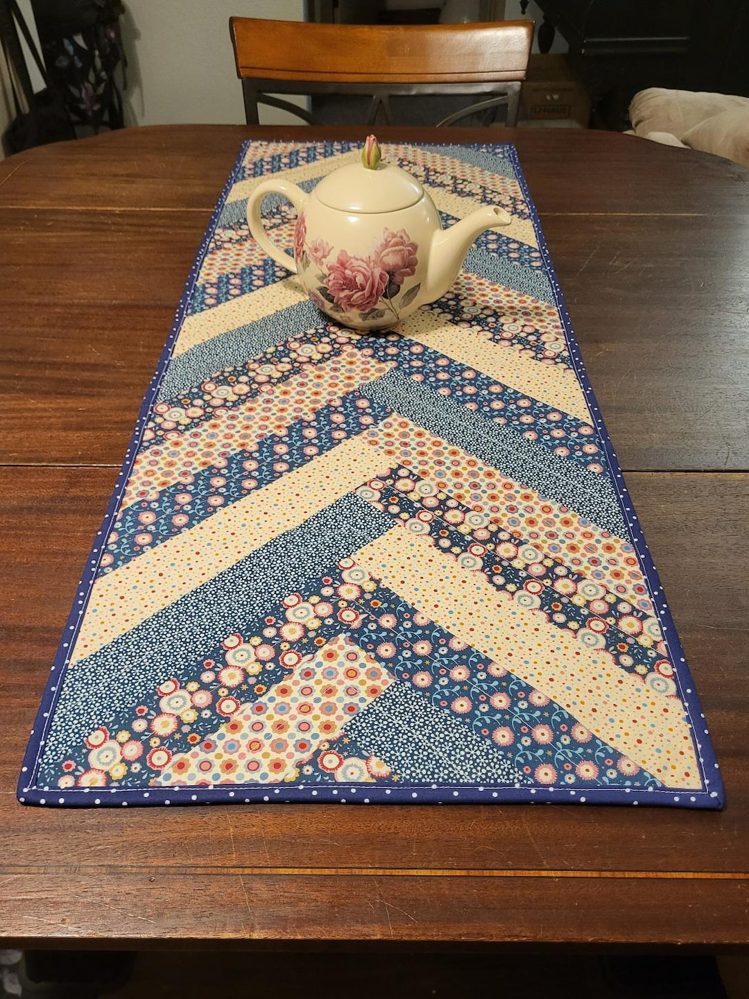 One of a Kind, Quilted Braided Table Runner Blue Candy Floral, 15x40, Dining Table Accent ...