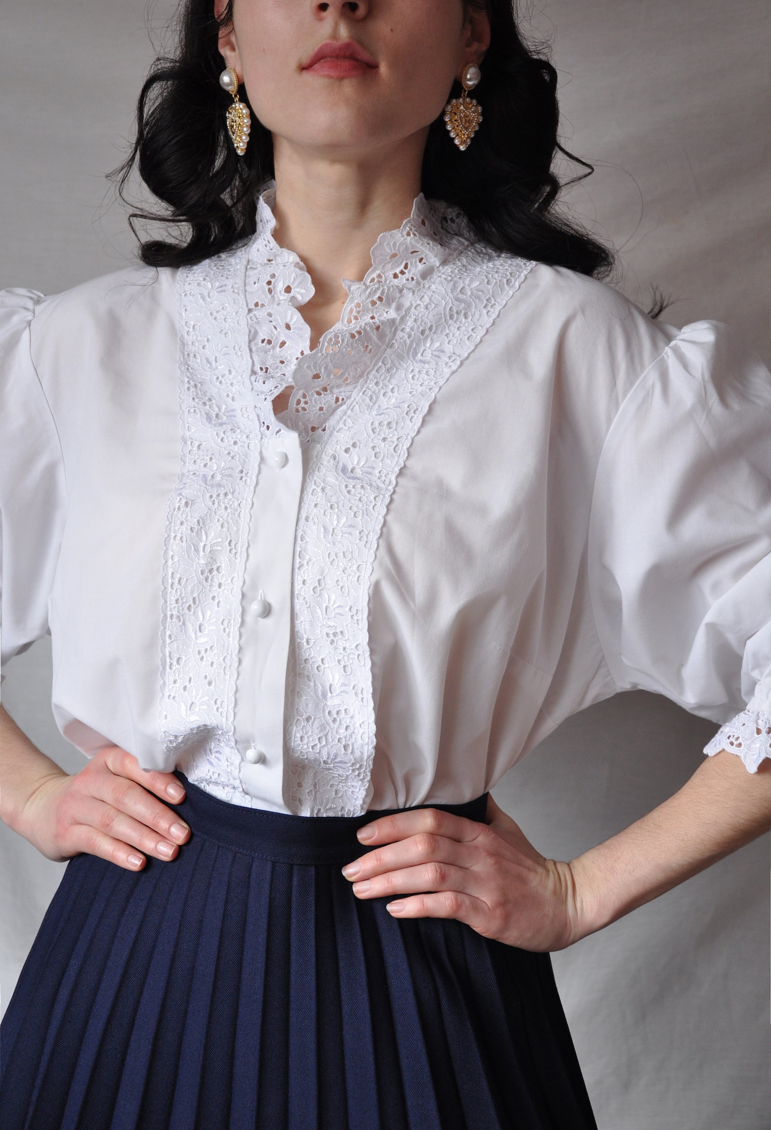Vintage White Blouse Puff Sleeves Lace Collar Xl Plus Etsy