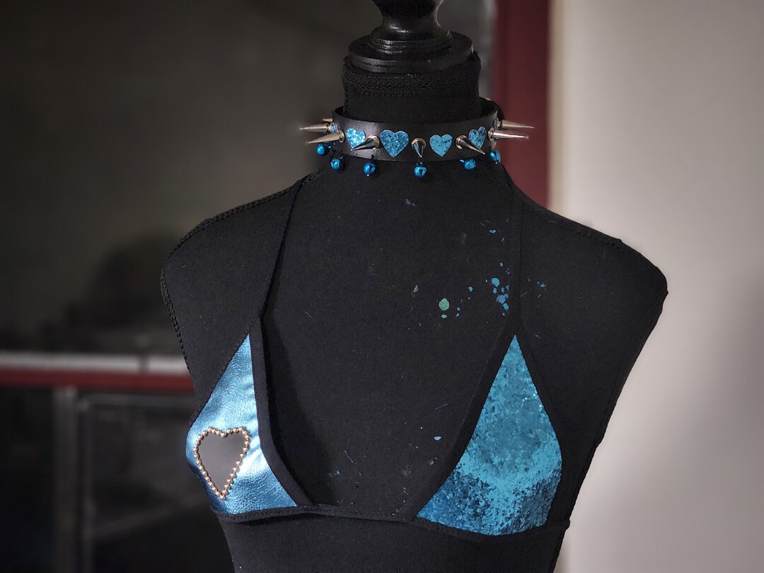 Faux Blue Leather Glitter Rave Bra With Heart and Studs, Set With ...