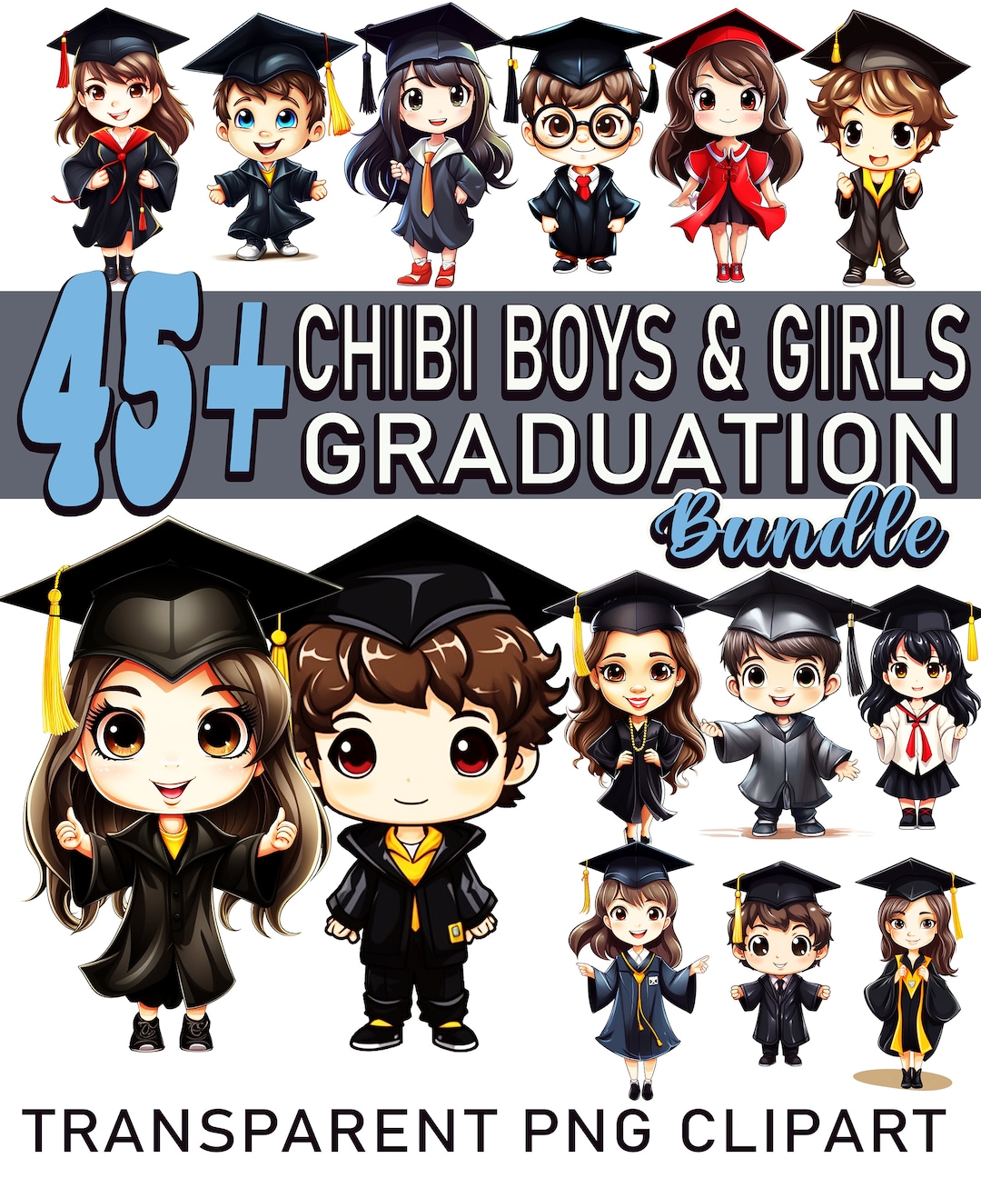 Cute Chibi Graduates Digital Download, PNG File Trasparent Background ...