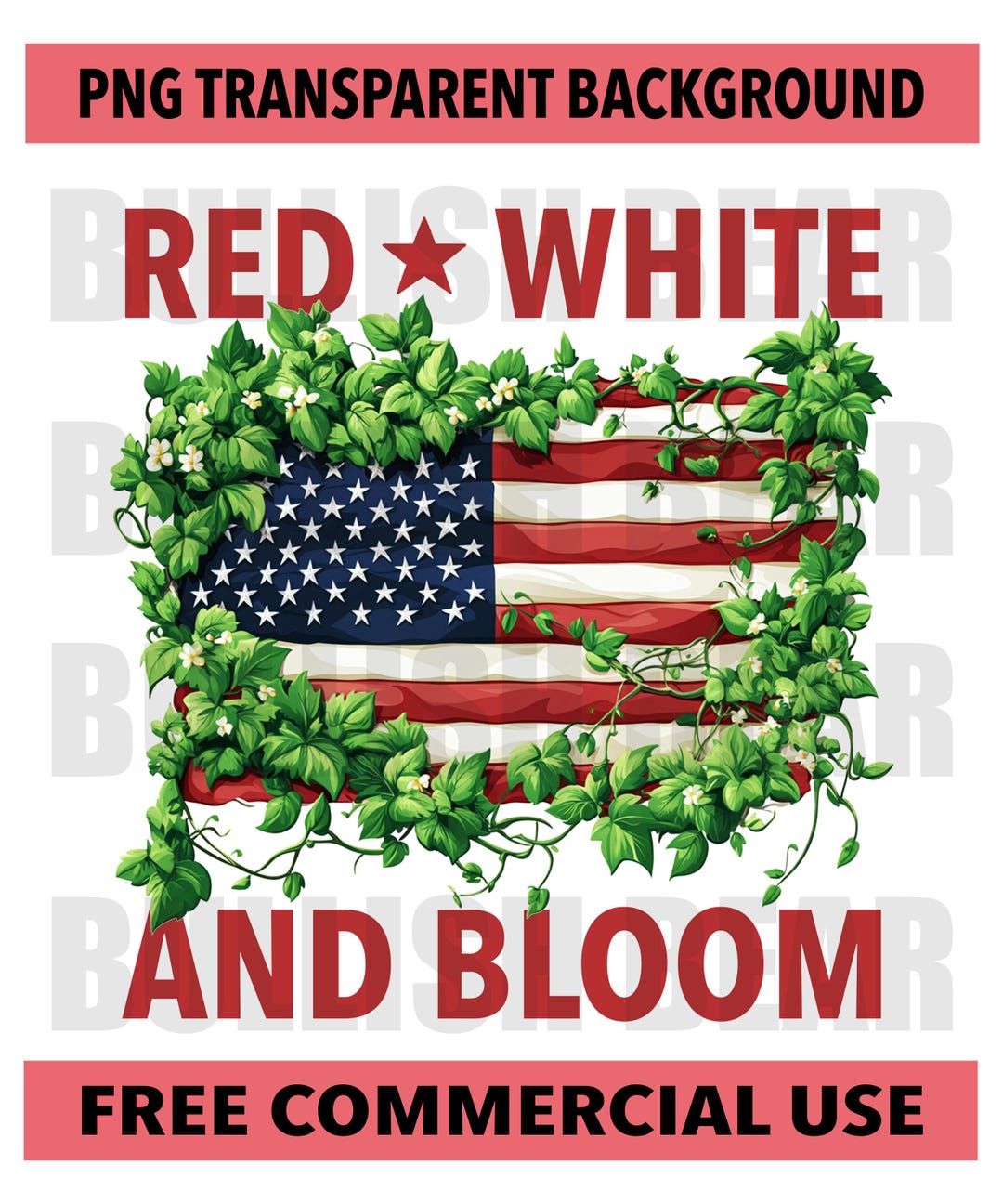 American Flag Red White and Bloom, USA Ardening PNG, 4th of July USA ...