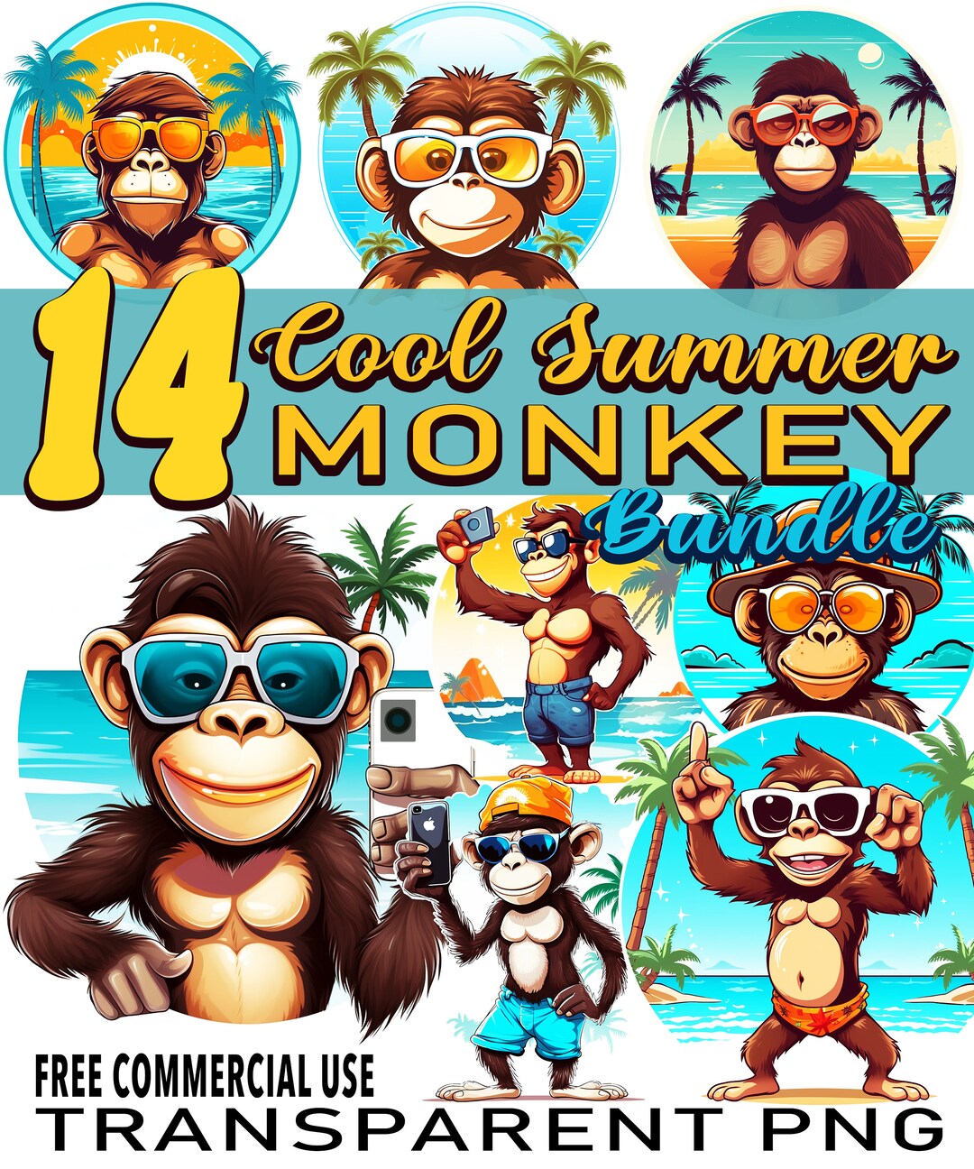 Monkey Summer Digital Download,tropical Beach Monkey Clip Art, PNG ...