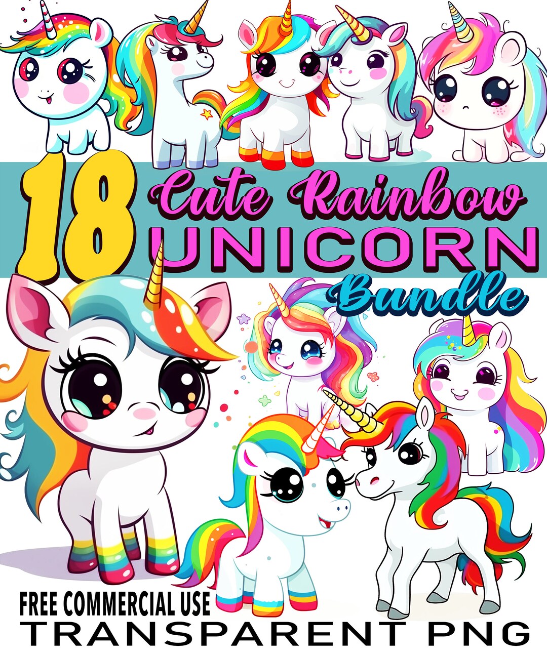 Cute Rainbow Unicorn Digital Download, Unicorn Graphics, PNG ...