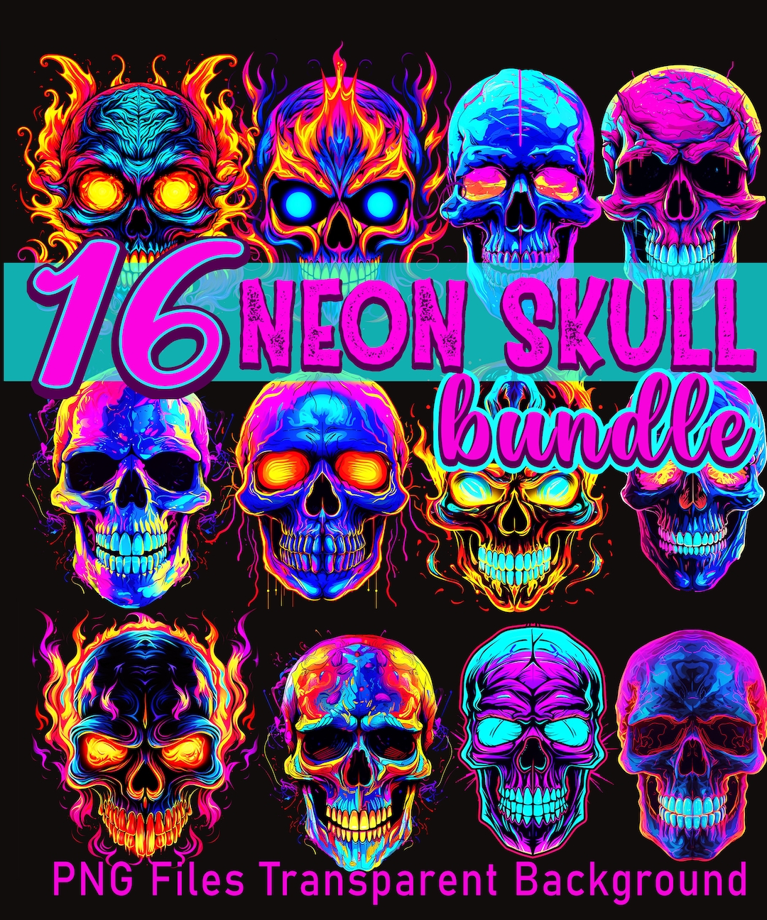 Neon Skull Digital Download, PNG File Transparent Background, PNG Clip ...