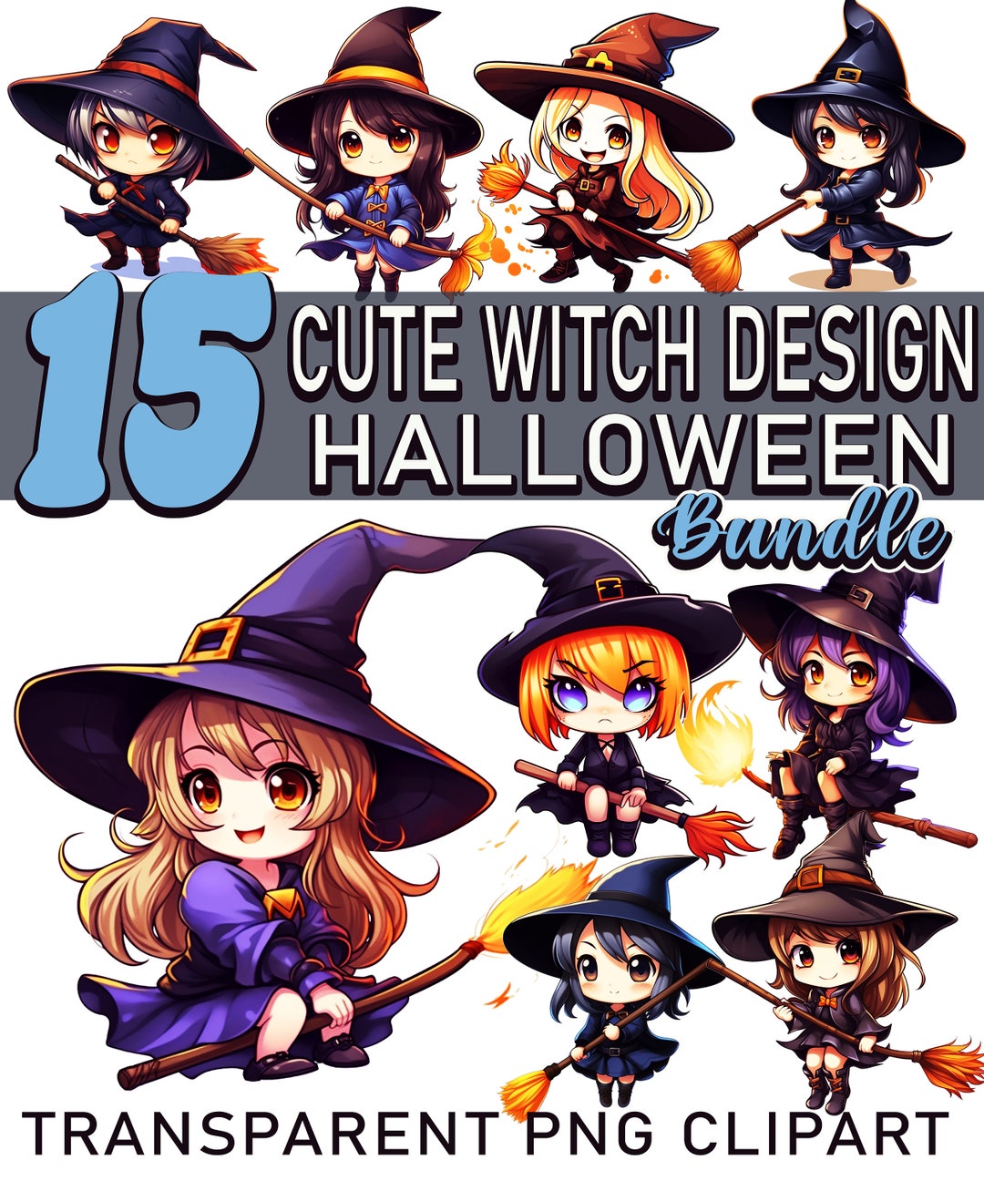 Halloween Chibi Witch Digital Download, PNG File Trasparent Background ...