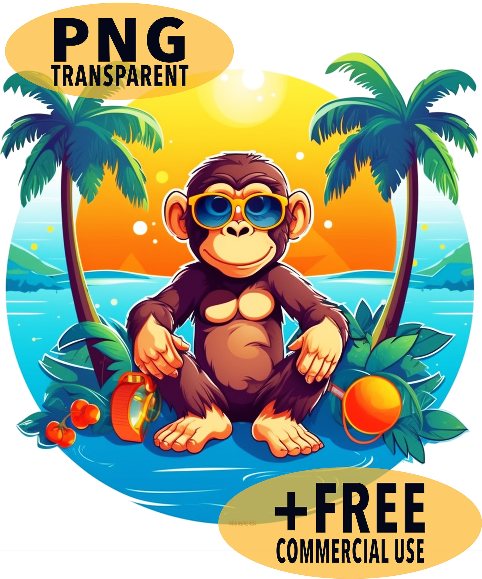 Monkey Summer Digital Download,tropical Beach Monkey Clip Art, PNG ...