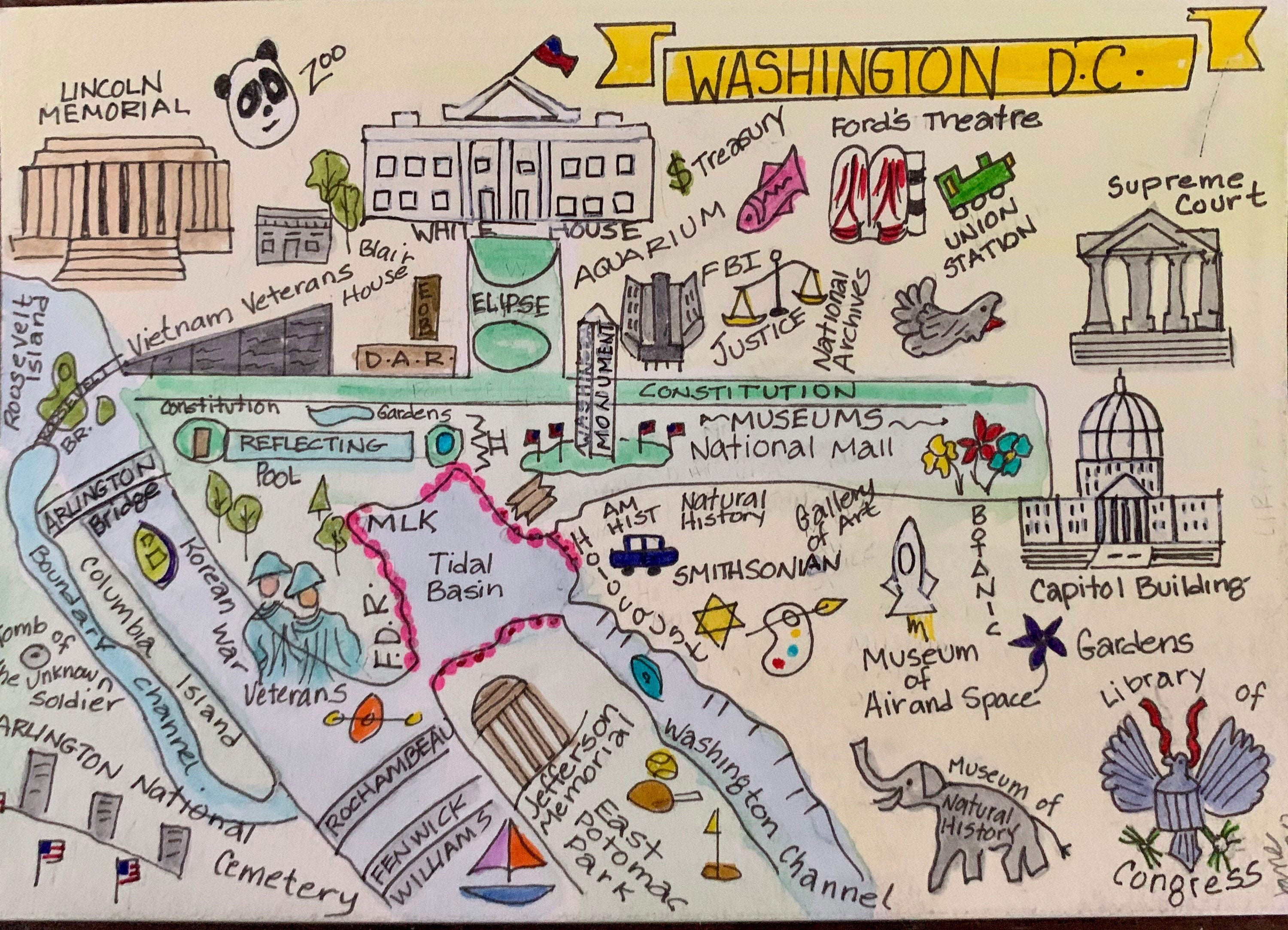 Washington DC map, map of DC, original watercolor, Map of Washington DC ...