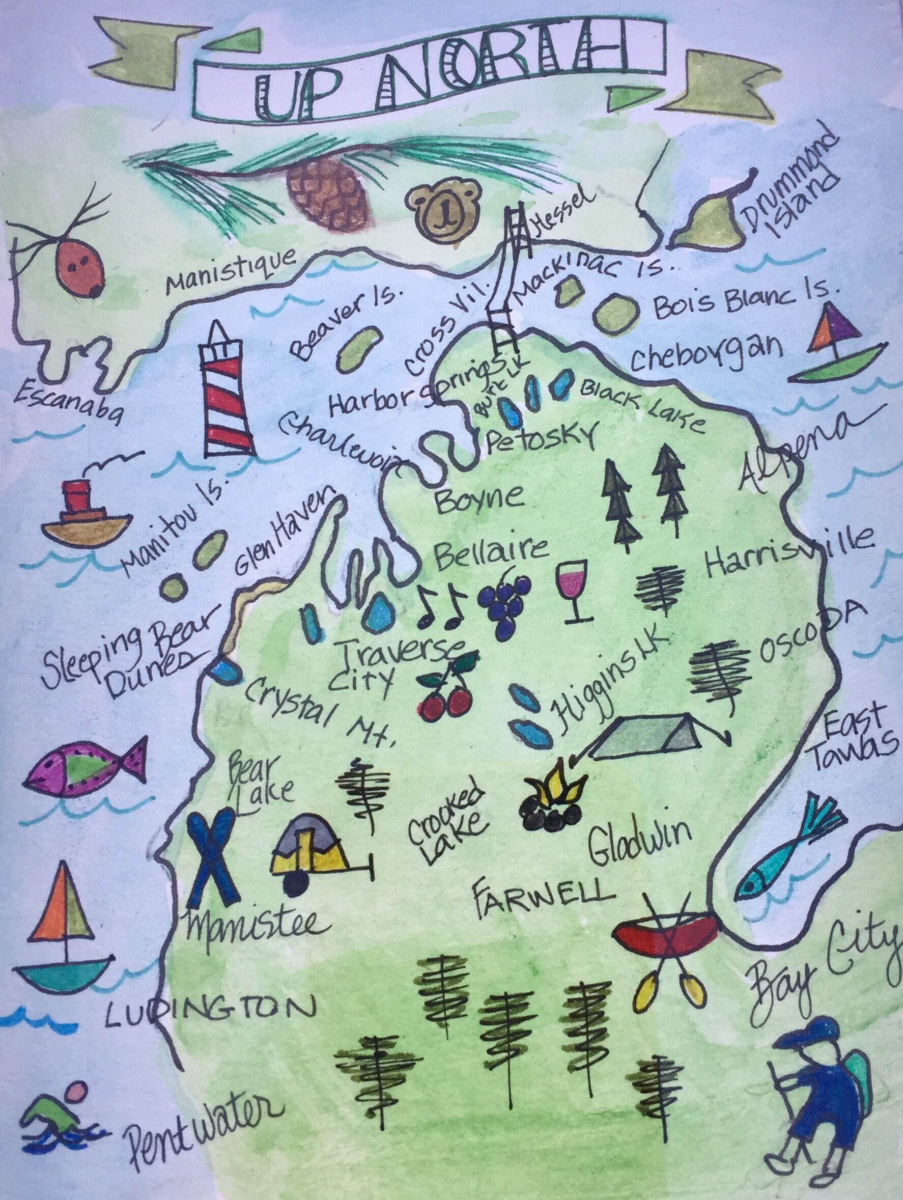Up North Michigan Michigan map original watercolor Up - Etsy.de