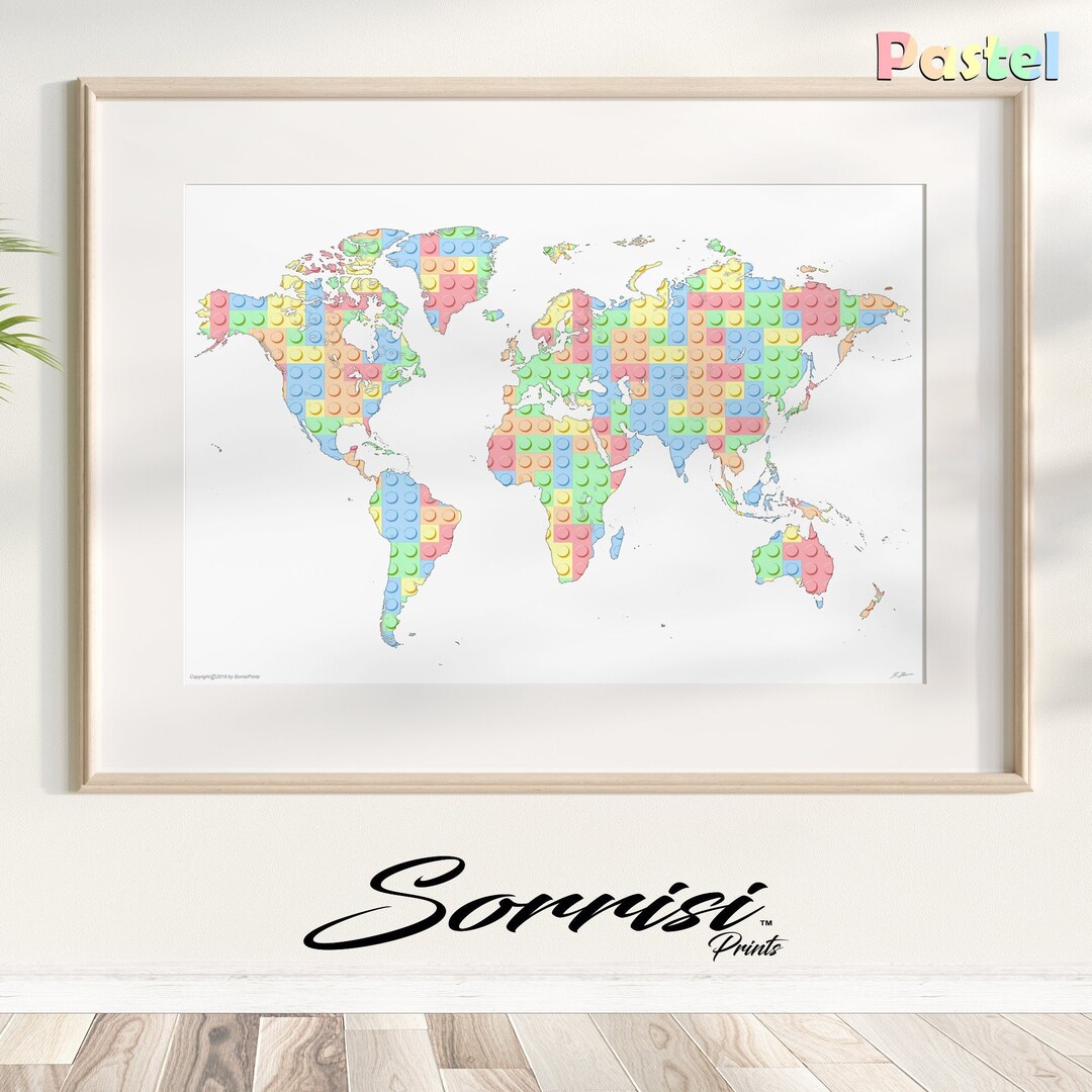 Block World Map, Pastel, A4, A3 Print, Poster, Wall Art, Decoration ...