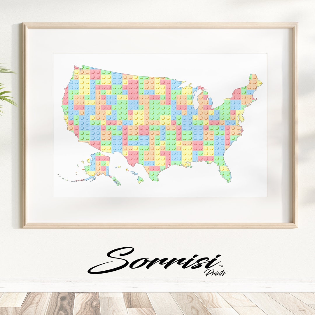 Block, USA, Map, Pastel, A4, A3 Print, Poster, Wall Art, Decoration ...