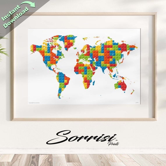 Block World Map Premium SVG Print Ready Poster Wall Art | Etsy