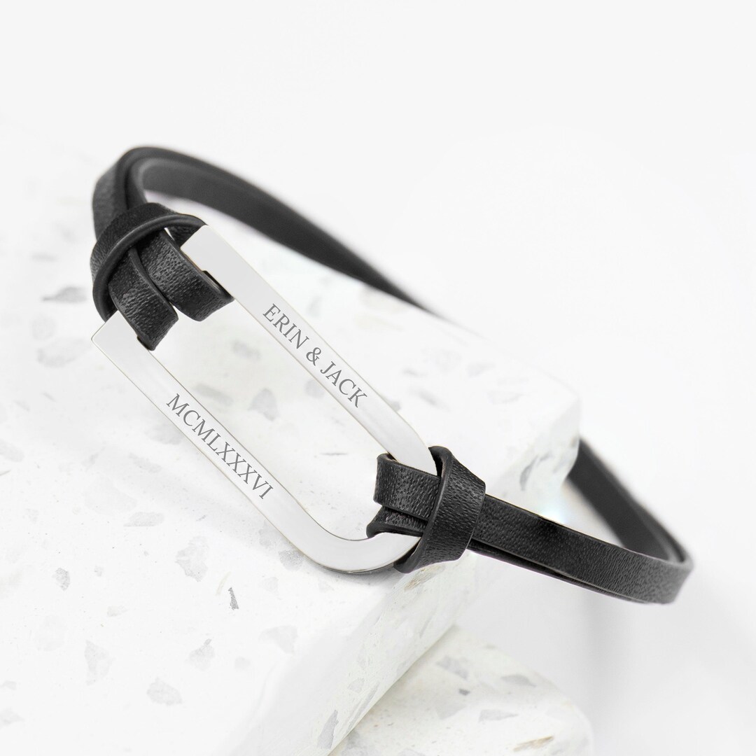 Personalised Men's Shoreditch Silver Bar Black Leather Bracelet - Etsy