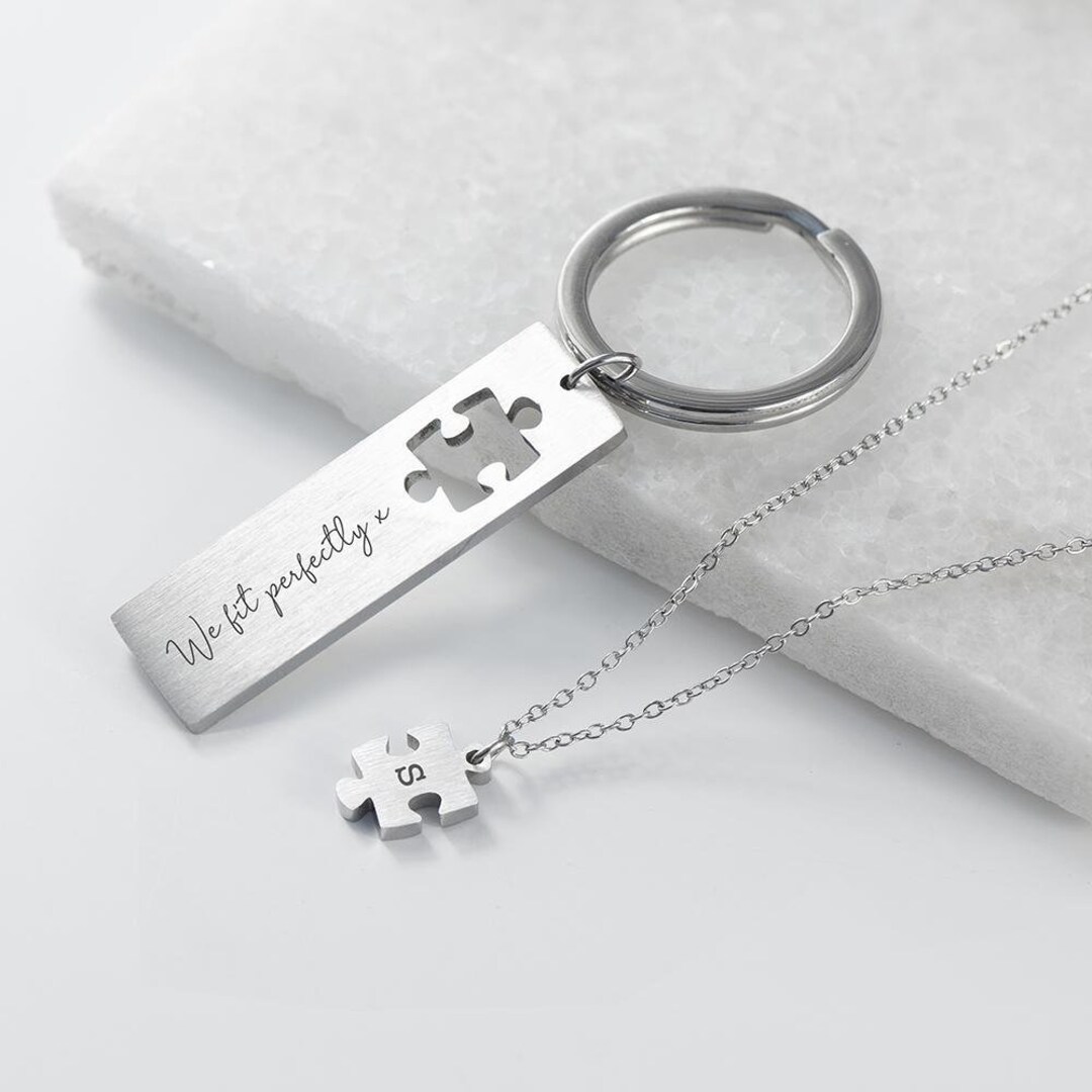 Personalised Perfect Fit Puzzle Piece Necklace & Keyring Set, Gifts for ...