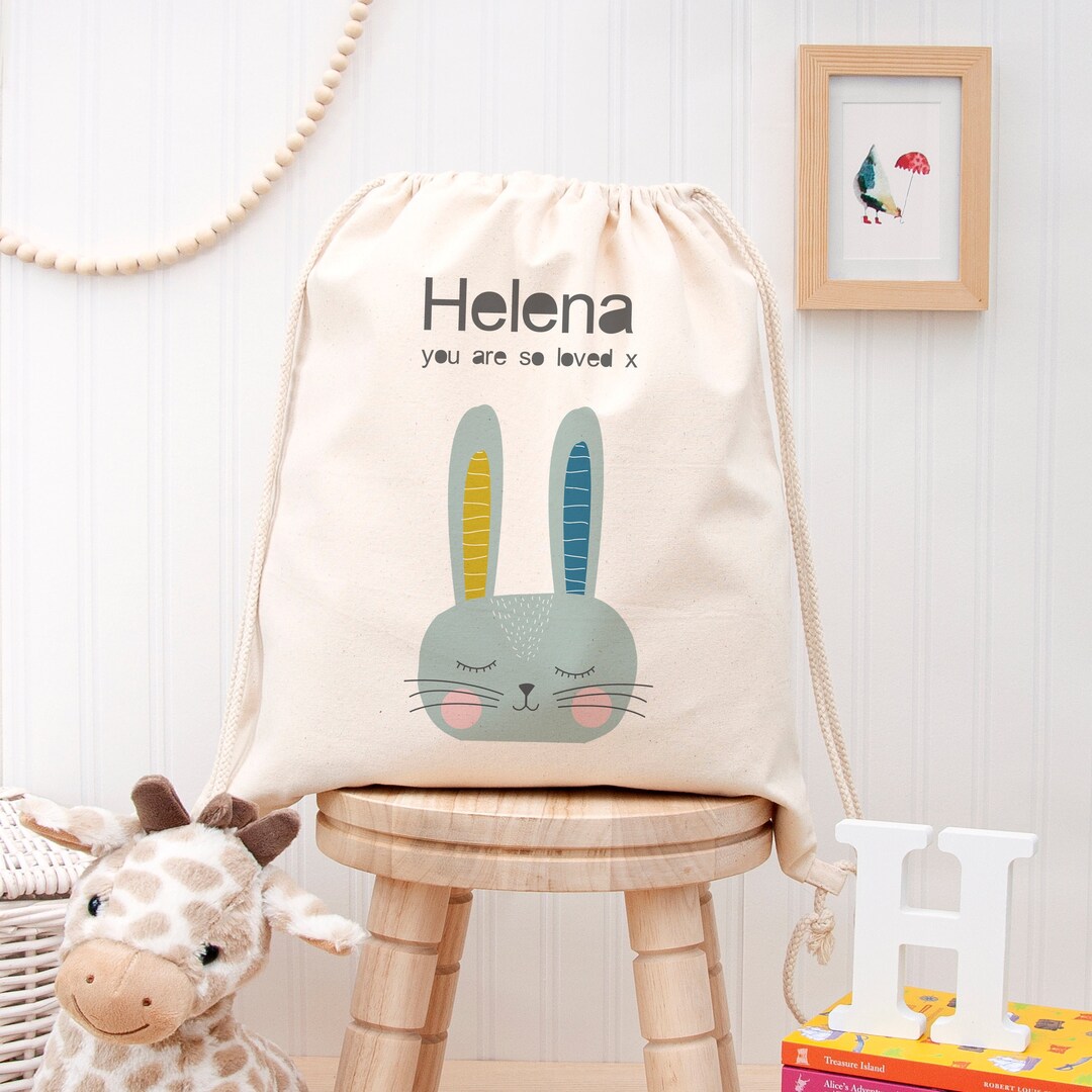 Personalised Kid's Rabbit PE Kit Bag, Gift for Kids, Cotton, Gym Bag ...