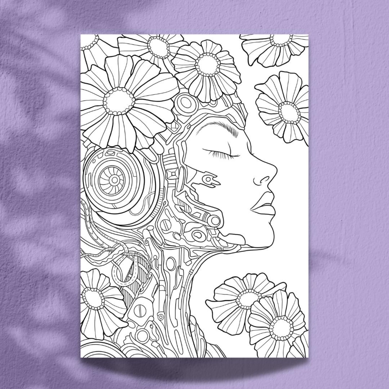 Cyborg Priestess Coloring Sheet, Dreamy Bionic Woman With Flowers ...