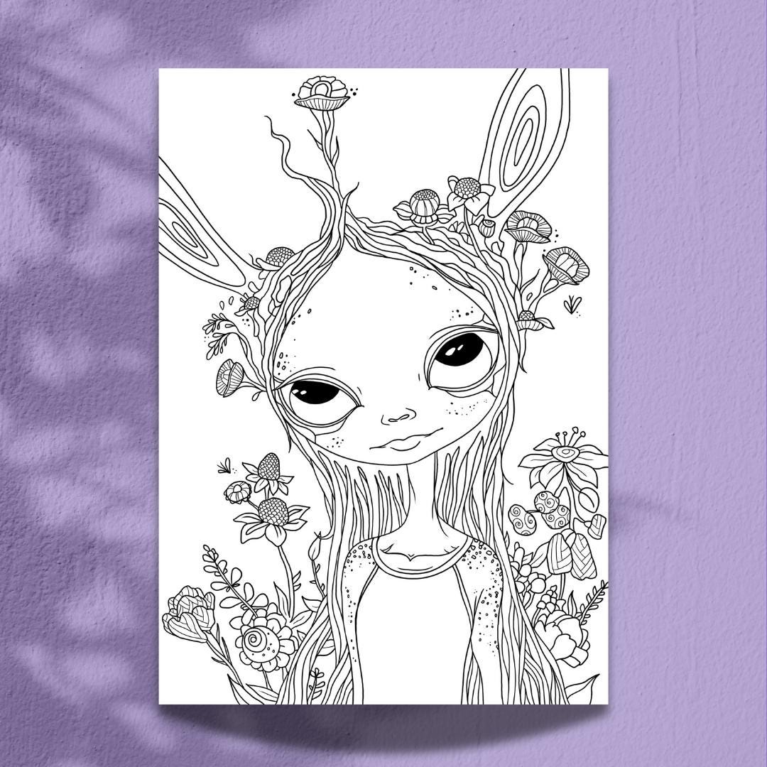 Wildflower Alien Coloring Sheet, Cute Quirky Alien Girl With Flowers ...