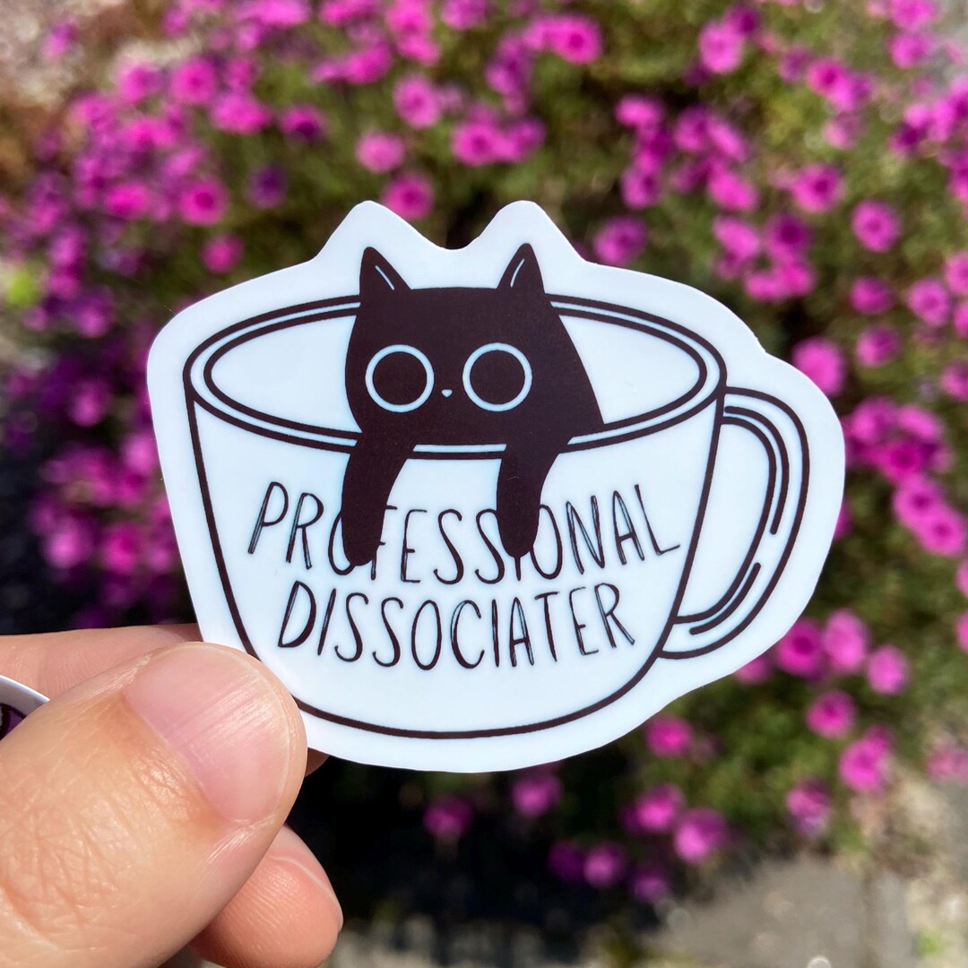 Dissociating Cat Sticker, Tired Black Kitty in Coffee Cup ...