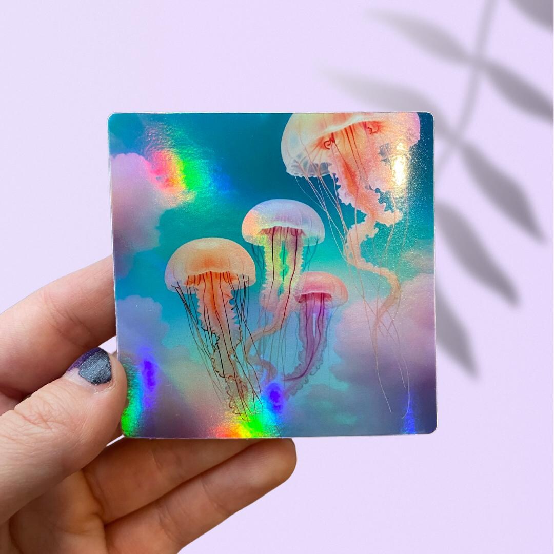 Jellyfish Holographic Vinyl Sticker, Surreal Pastel Art of Magical Sea ...