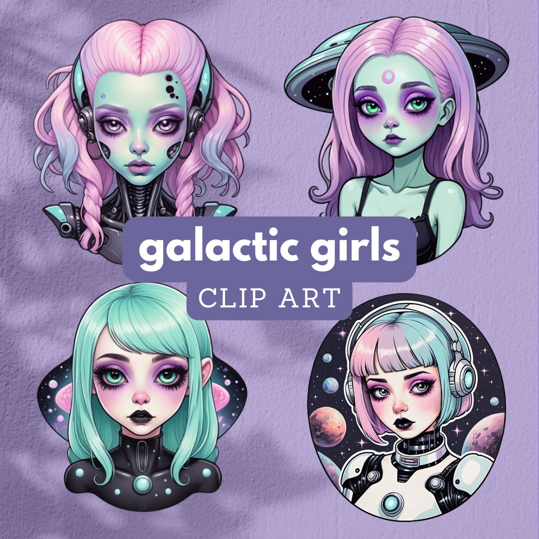 Galactic Girls Clip Art, Pastel Goth Aliens Cyborgs and Quirky Outer ...