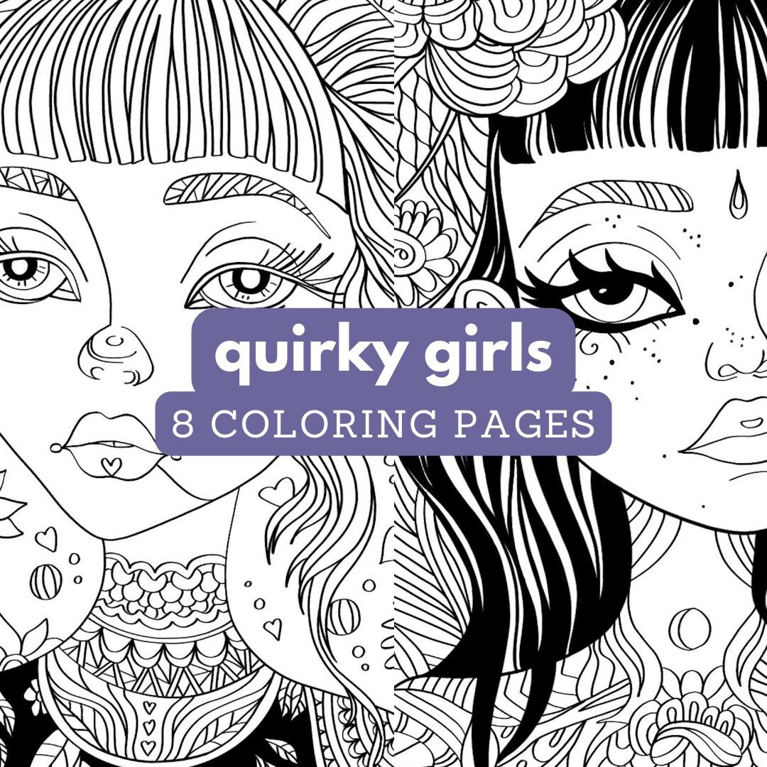 Quirky Girl Adult Coloring Pages, Unique Feminine Faces for Creative ...