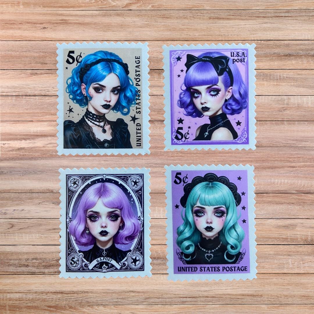 Pastel Goth Girls Vinyl Stickers, USA Faux Vintage Postage Stamps of ...