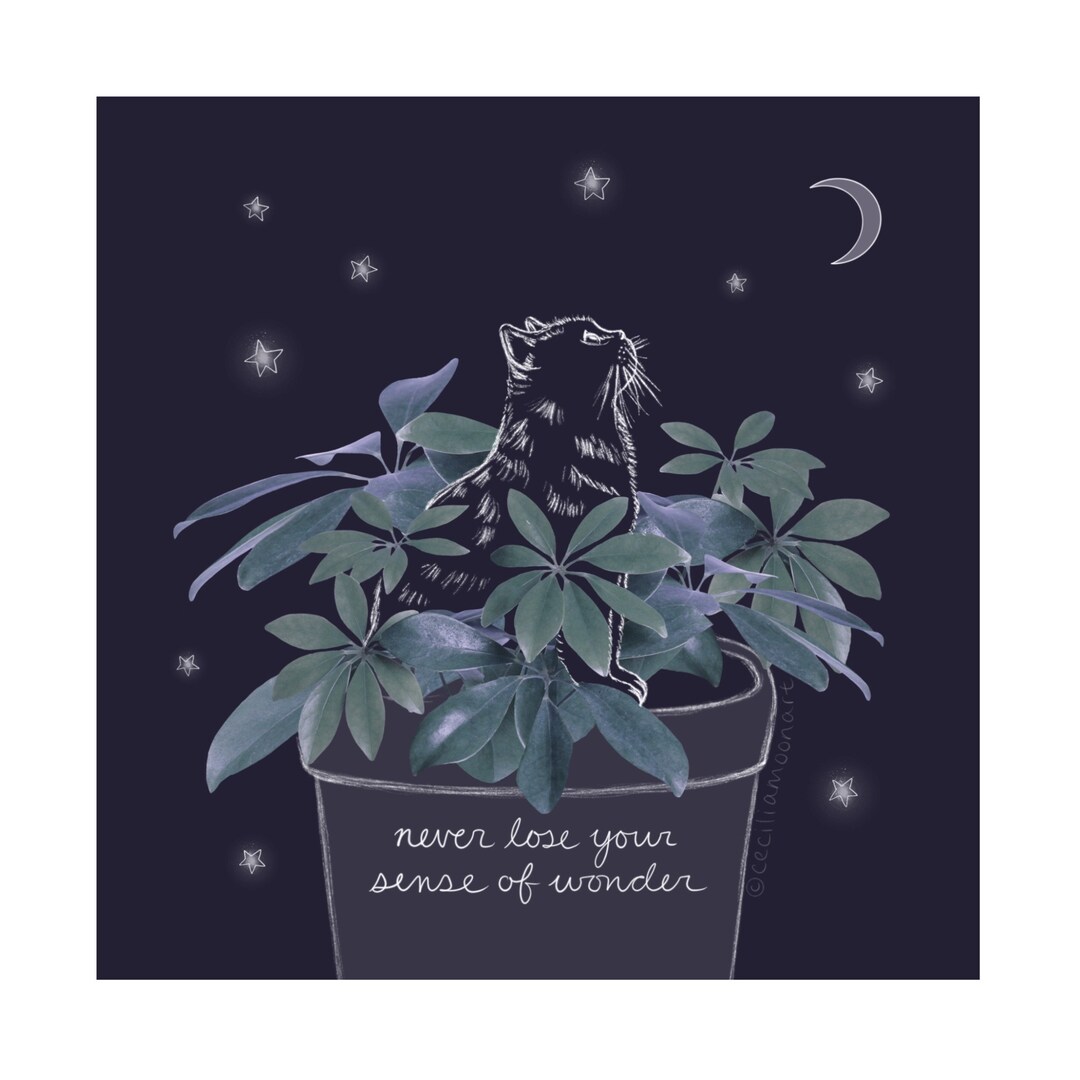 Wonder Cat Original Art Print, Cosmic Kitty in Potted Plant Gazing at ...