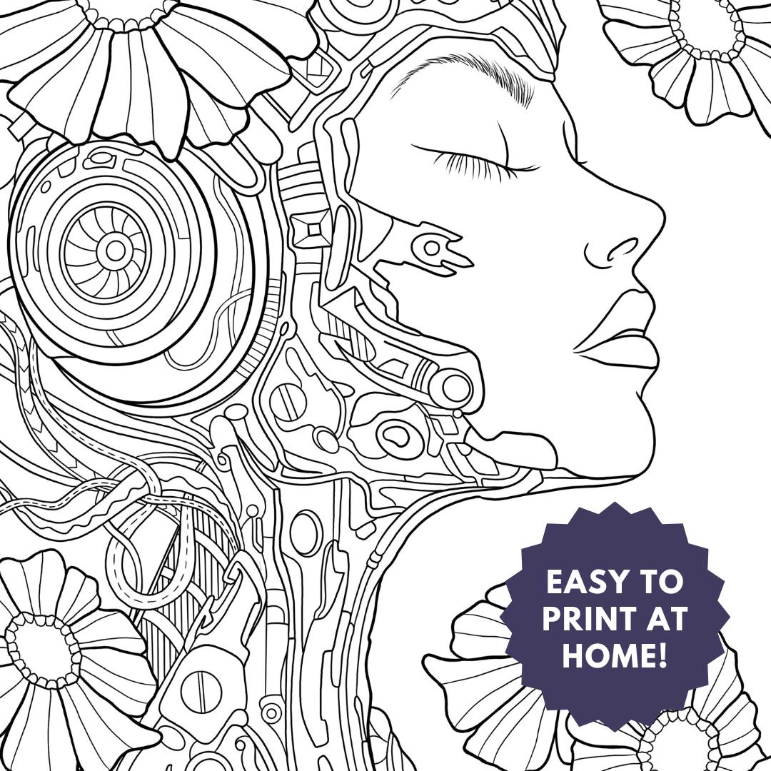 Cyborg Priestess Coloring Sheet, Dreamy Bionic Woman With Flowers ...