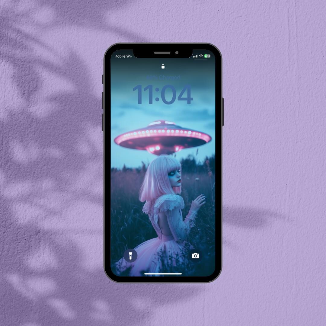 UFO Dream Phone Wallpaper Background, Dreamy Pastel Goth Alien Girl in ...