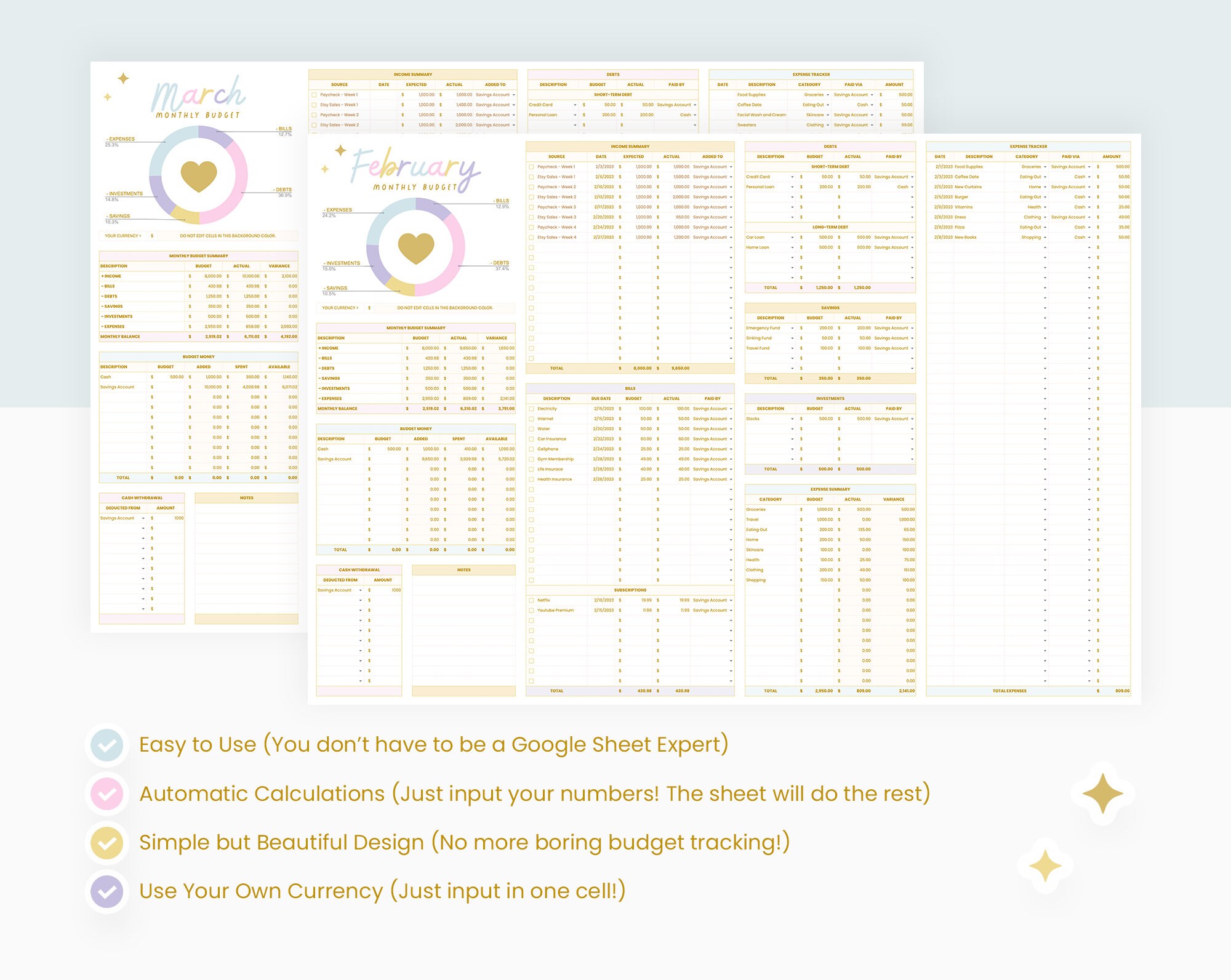 Budget Spreadsheet in Pastel Rainbow Colors, Digital Budget Planner ...