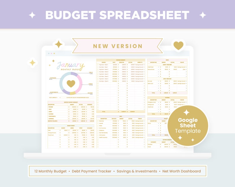 Budget Spreadsheet in Pastel Rainbow Colors, Digital Budget Planner ...