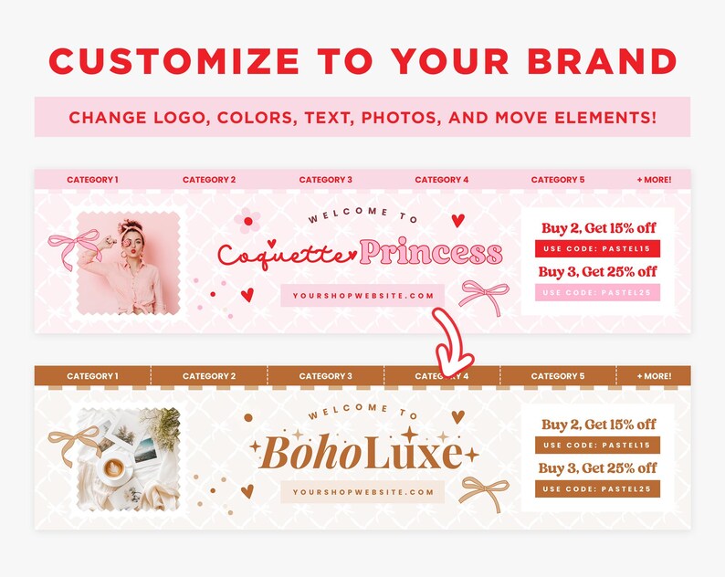 Etsy Shop Banner Templates, Coquette Pink Red Bows Hearts Valentines ...