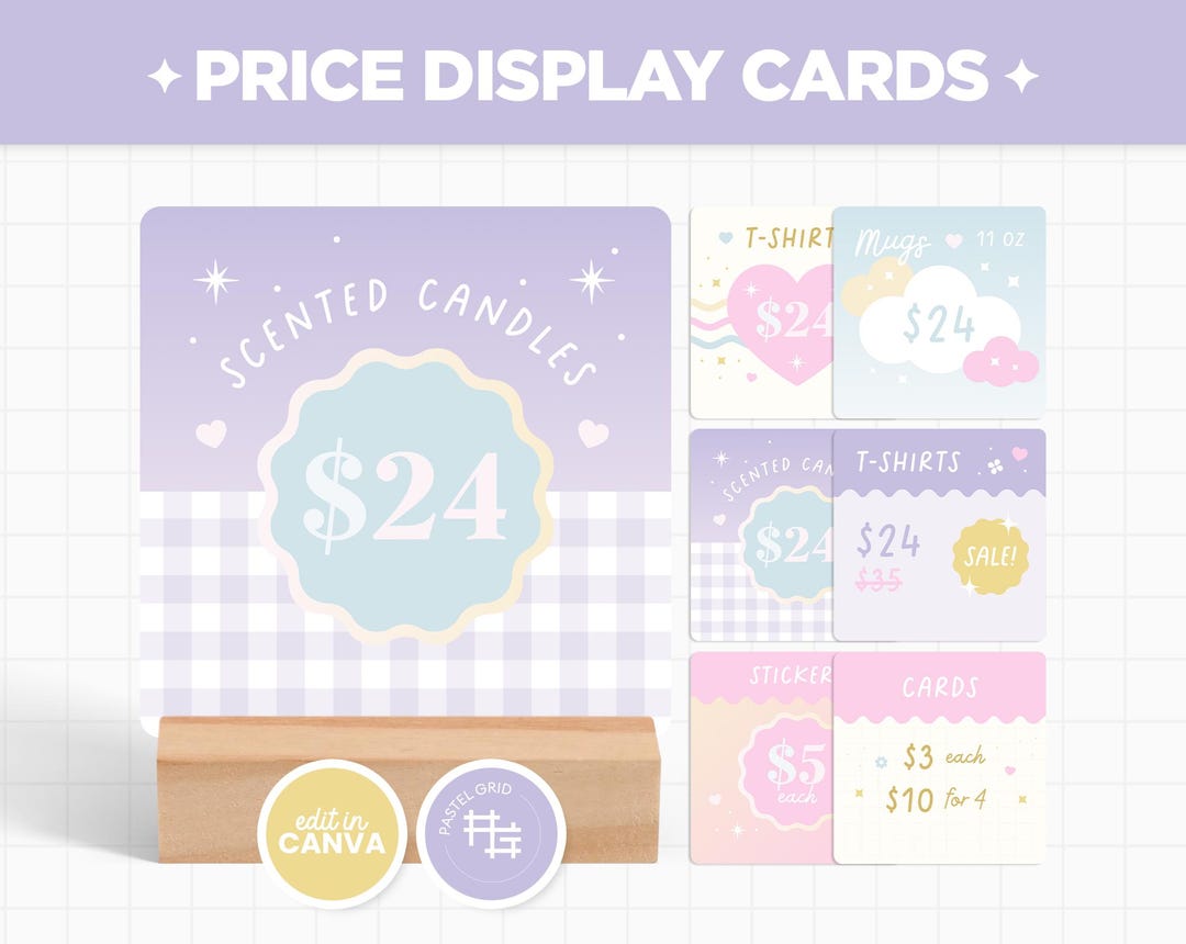 Price Display Cards Editable Canva Template in Pastel Rainbow Pink Blue ...