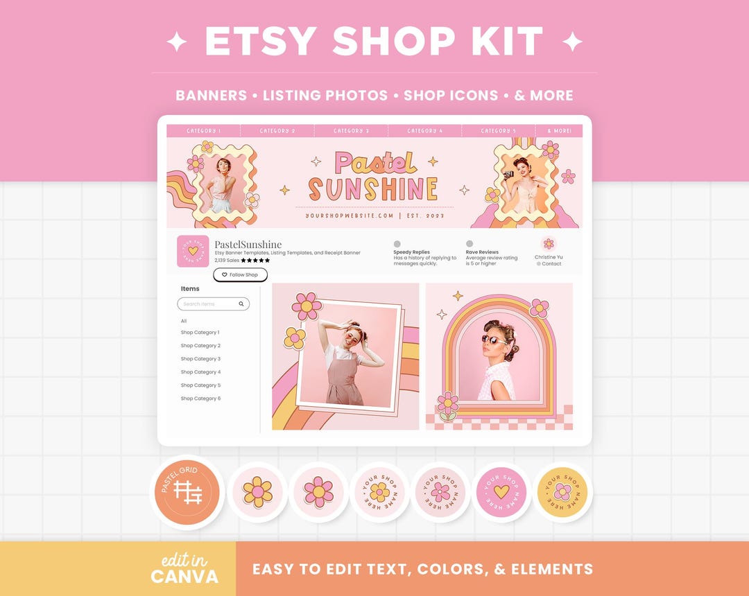 Etsy Shop Banner Templates Pastel Pink Orange Retro Groovy Aesthetic ...