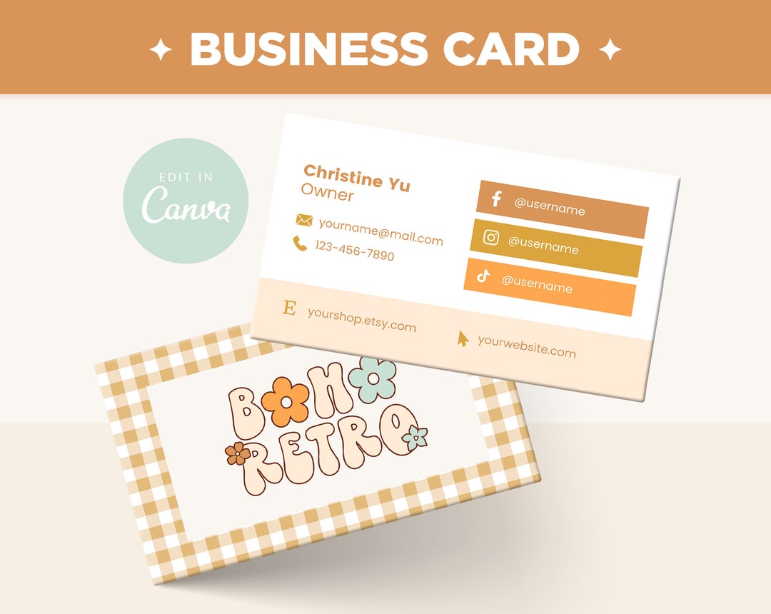 Business Card Template Editable in Canva, Boho Retro Groovy ...