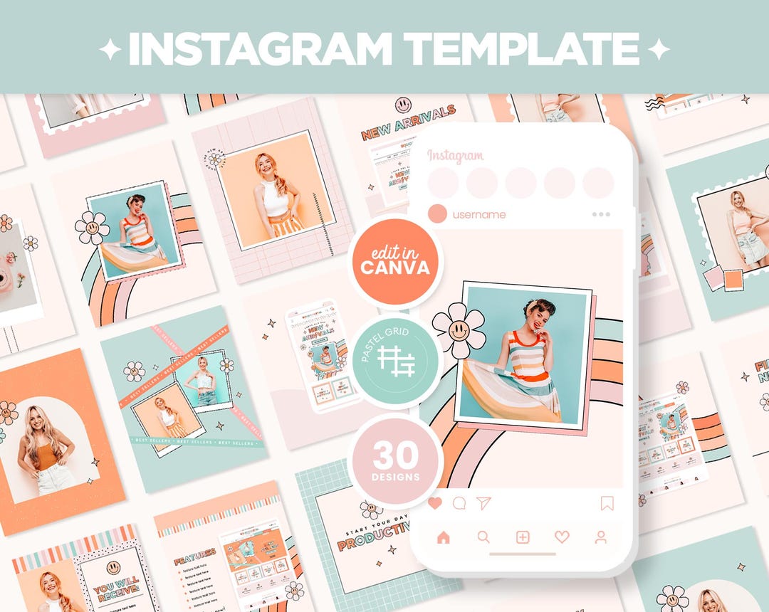 Instagram Posts Template Boho Pastel Groovy Rainbow Bundle in Square ...