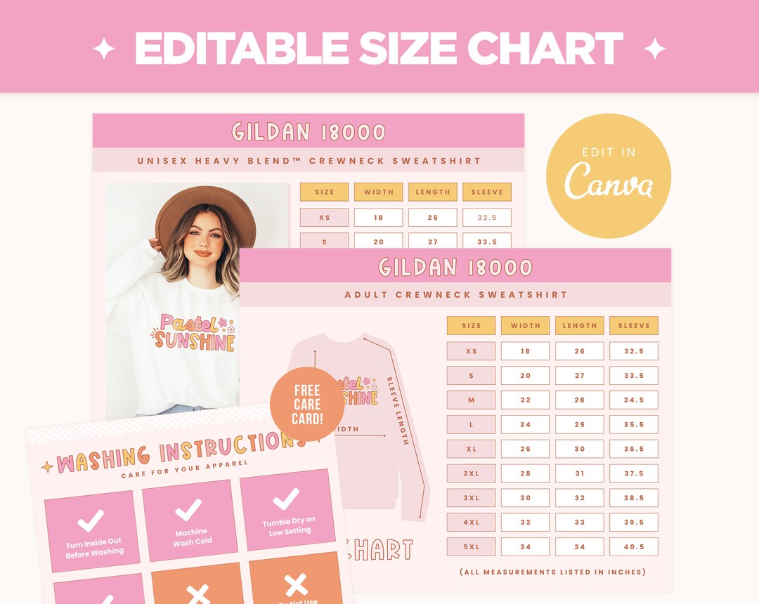 Size Chart and Care Instructions for Gildan 18000, Gildan 18500 ...