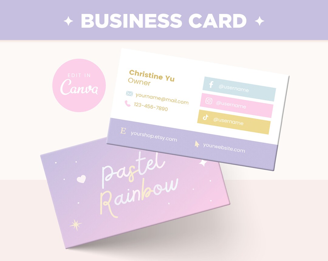 Business Card Template Editable in Canva, Pastel Rainbow Colors Cute ...