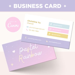 Business Card Template Editable in Canva, Pastel Rainbow Colors Cute ...